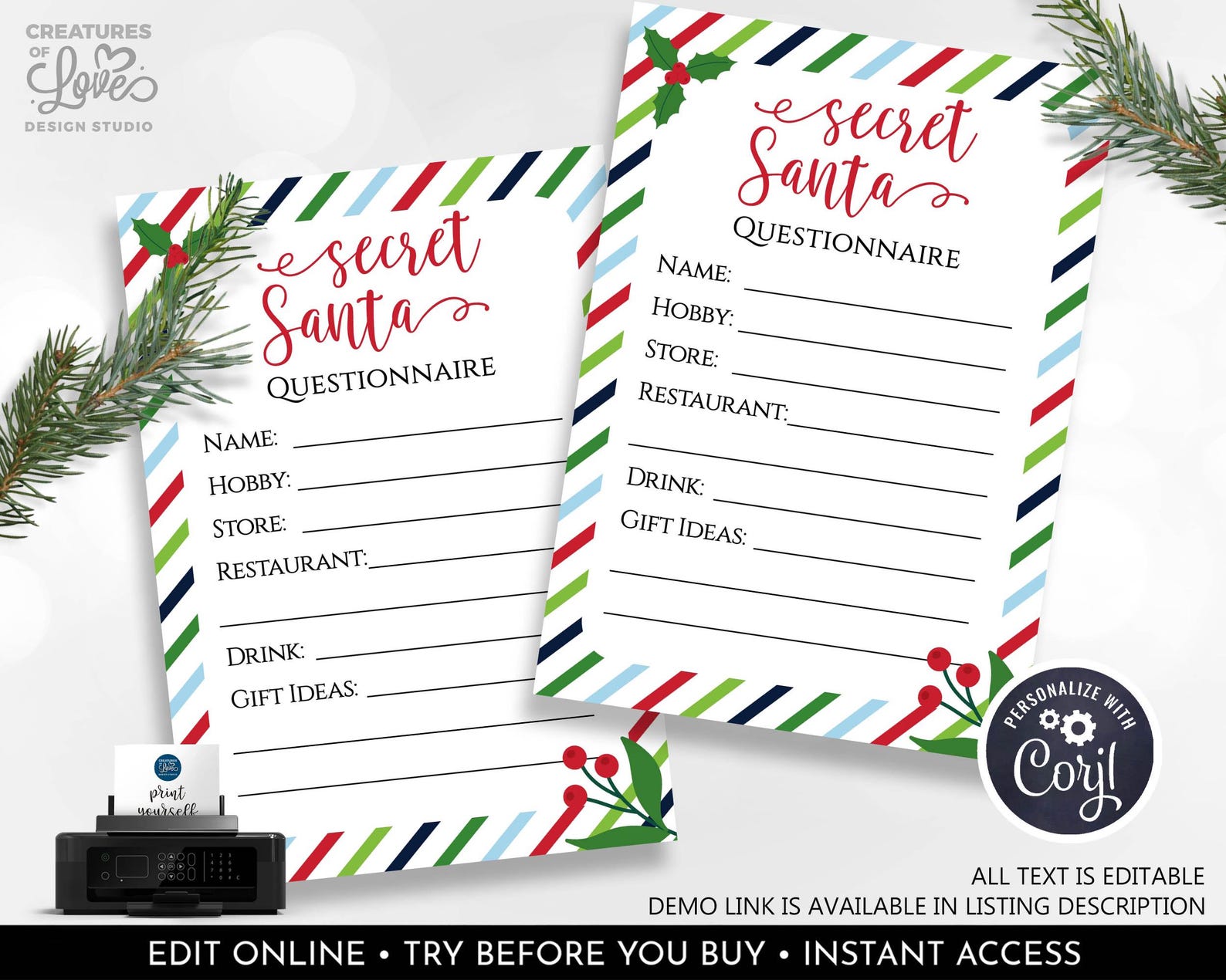 Editable Secret Santa Gift Exchange Cards Secret Santa Wish List ...