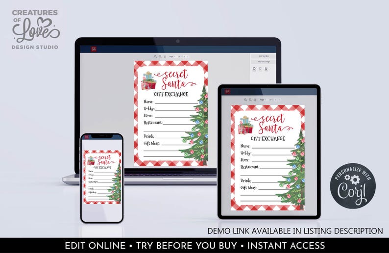 Editable Secret Santa Questionnaire Card Secret Santa Gift Exchange ...
