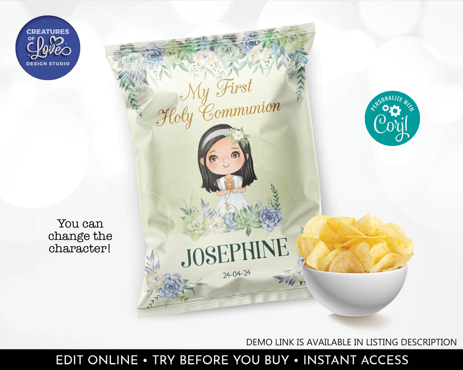 Editable First Holy Communion Chip Bag Wrapper Floral Girl First Holy ...