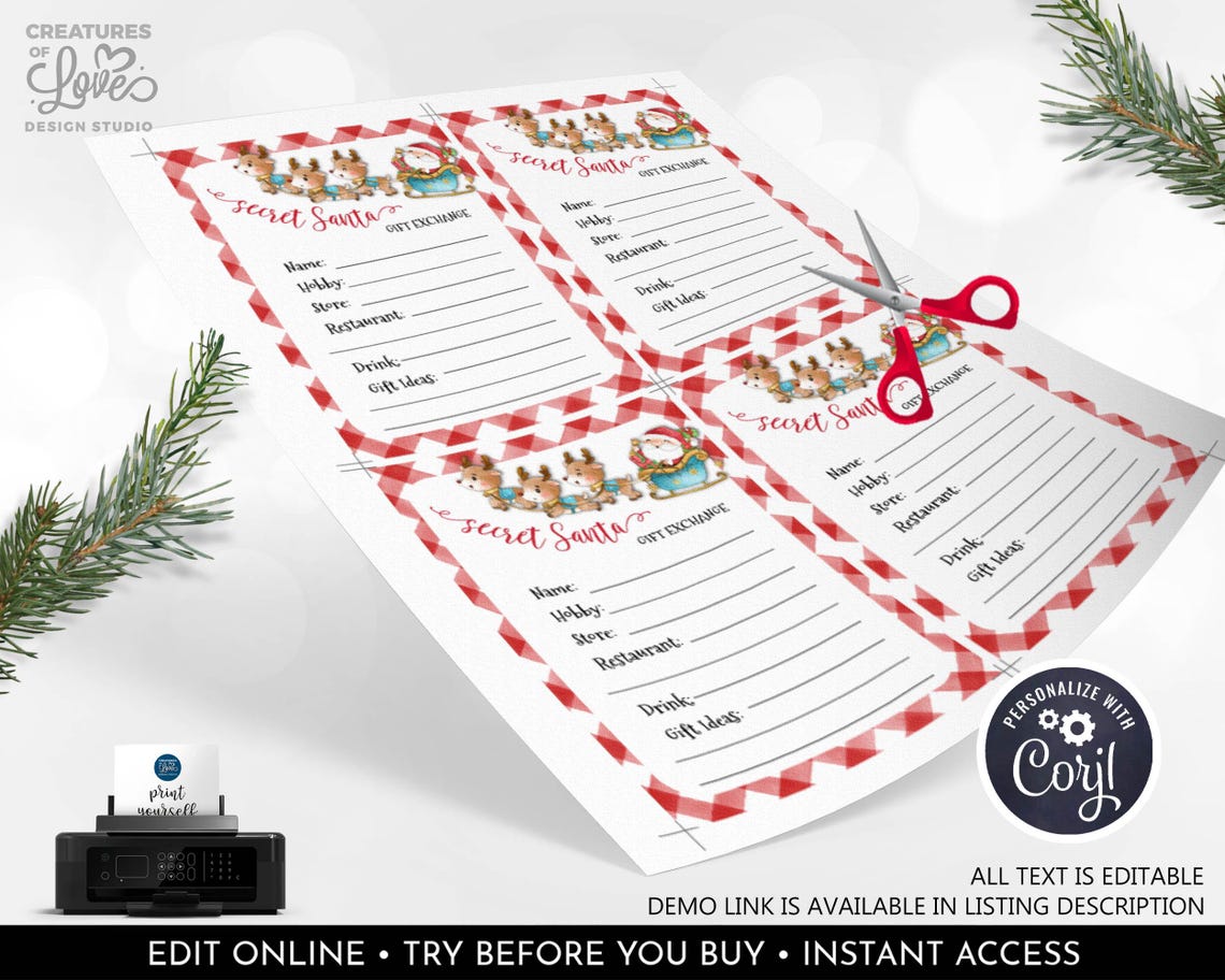 Editable Secret Santa Gift Exchange Card Secret Santa Questionnaire ...