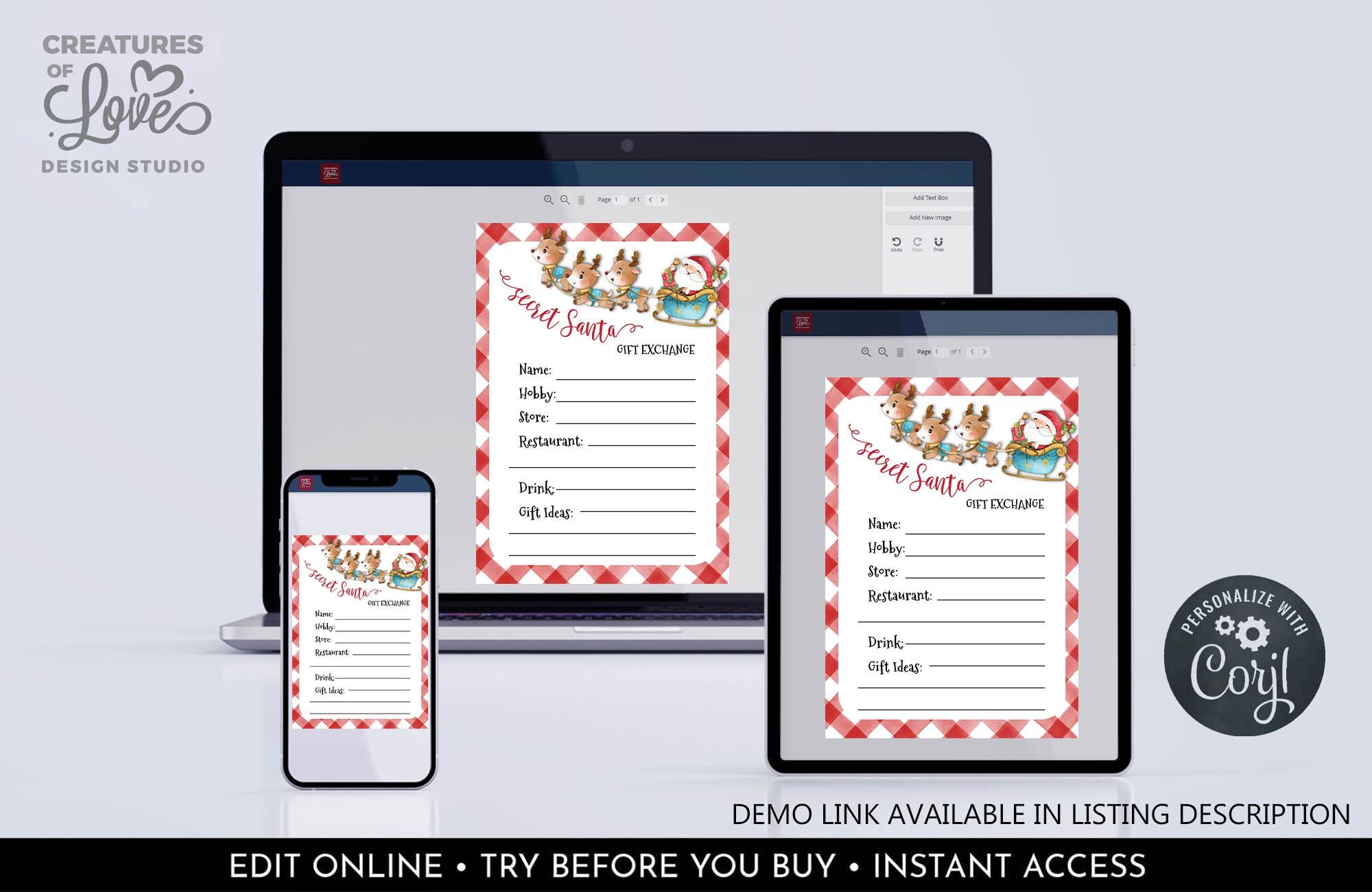 Editable Secret Santa Gift Exchange Card Secret Santa Questionnaire ...