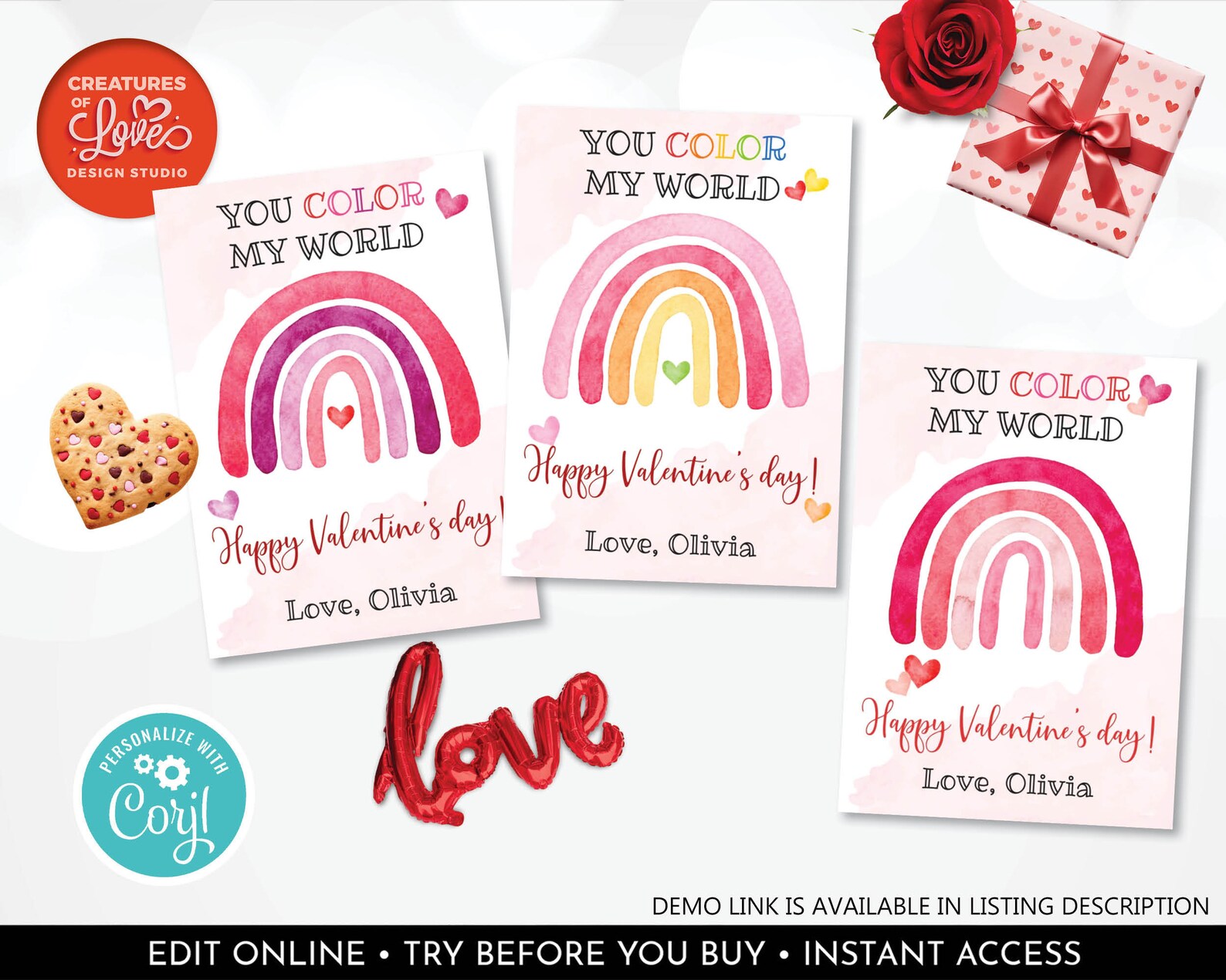Editable Rainbow Valentine's Day Card You Color My World Kids Cards ...