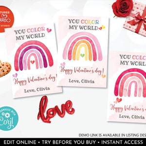 Editable Rainbow Valentine's Day Card You Color My World Kids Cards ...