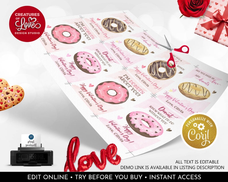 Printable Donut Valentine Cards Donuts Valentine Tag Valentine's Day ...