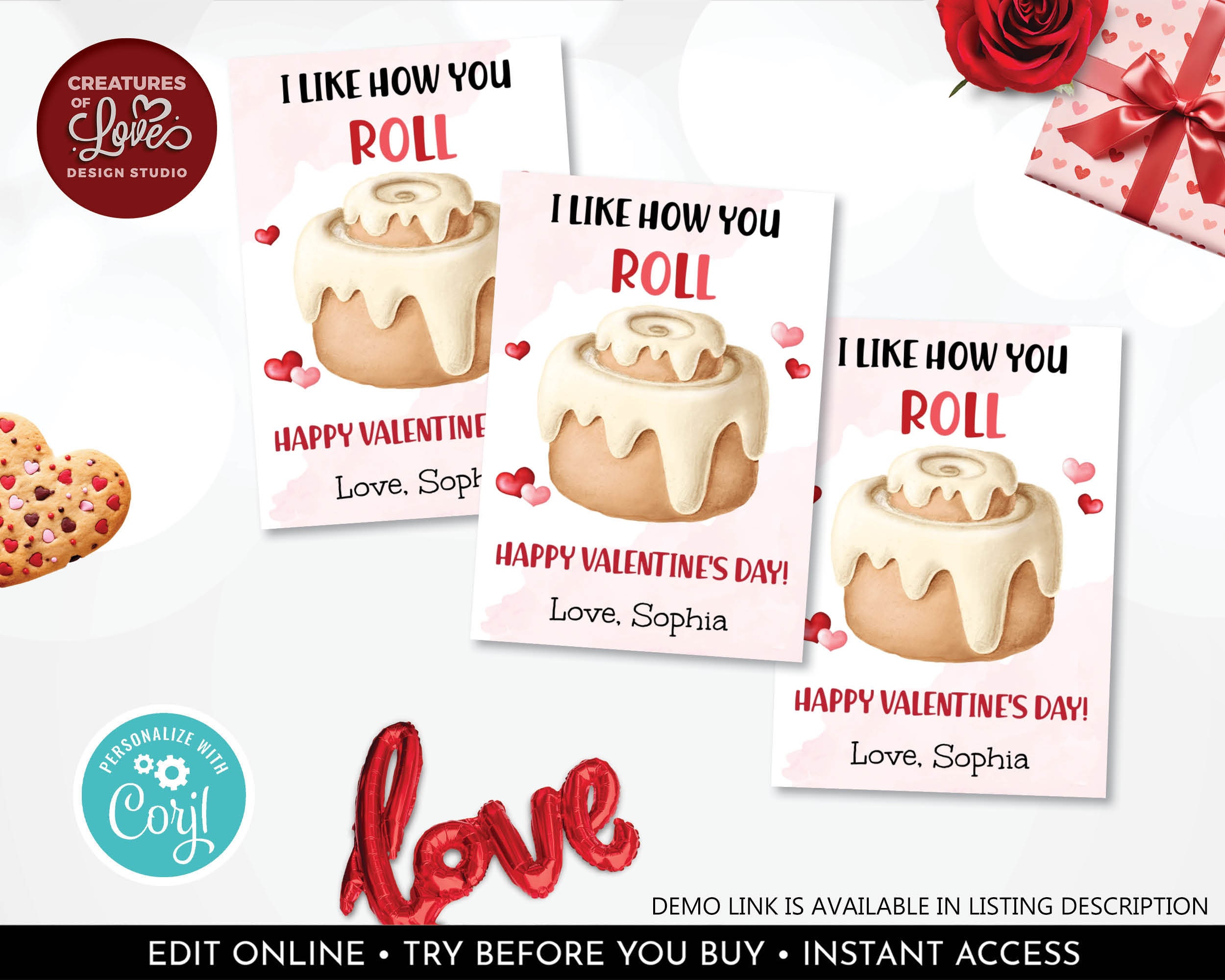 Editable Cinnamon Roll Valentine's Day Card Valentines Teacher Kids ...