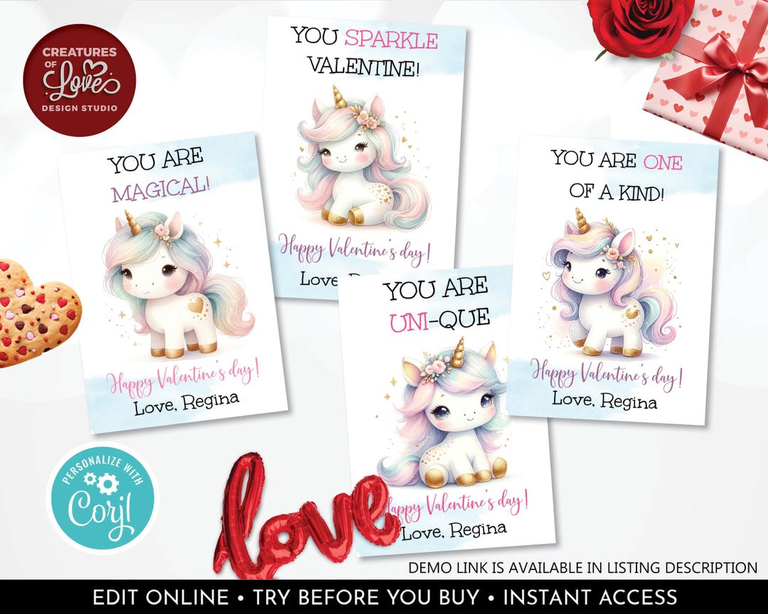 Editable Unicorn Valentine's Day Card Unicorn Magical Rainbow Tag ...