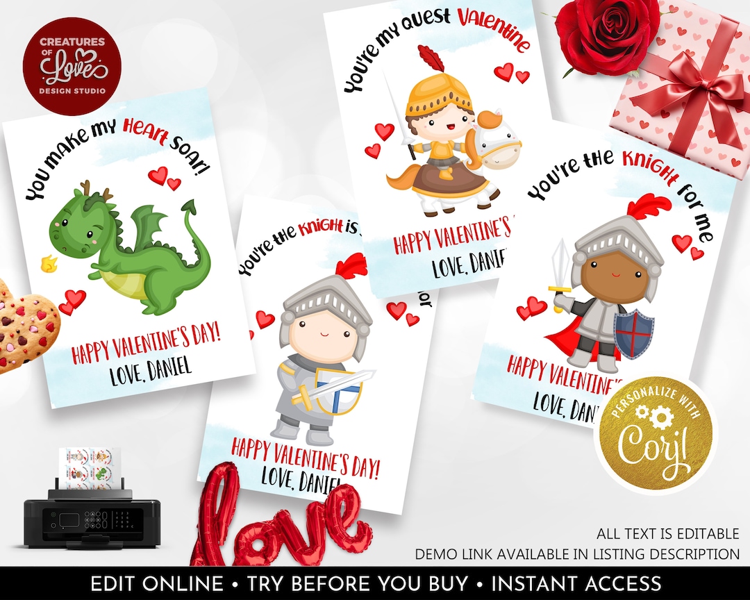 Editable Valentines Day Card Knights and Dragons Valentine's Kids Cards ...