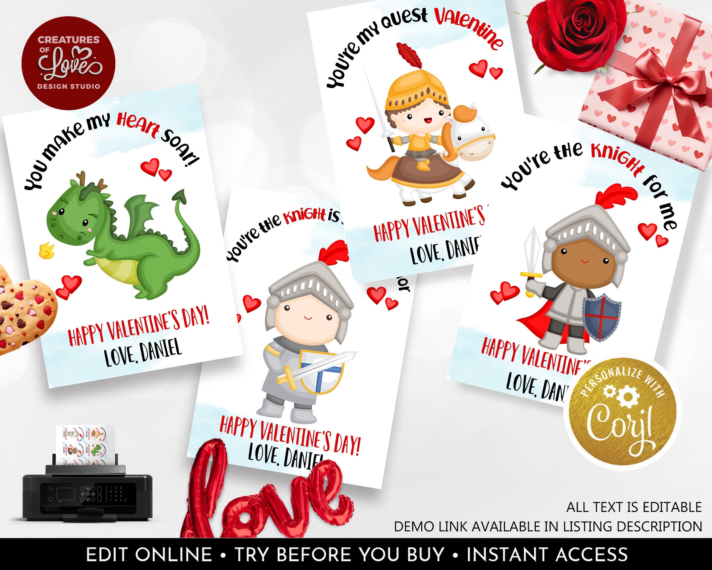 Editable Valentines Day Card Knights and Dragons Valentine's Kids Cards ...