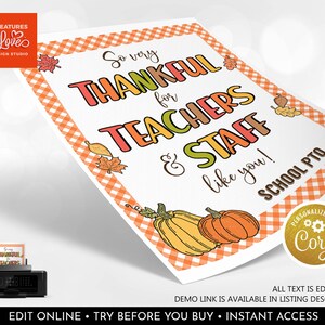 Editable Thanksgiving Teacher Appreciation Sign Fall Thankful Teachers ...