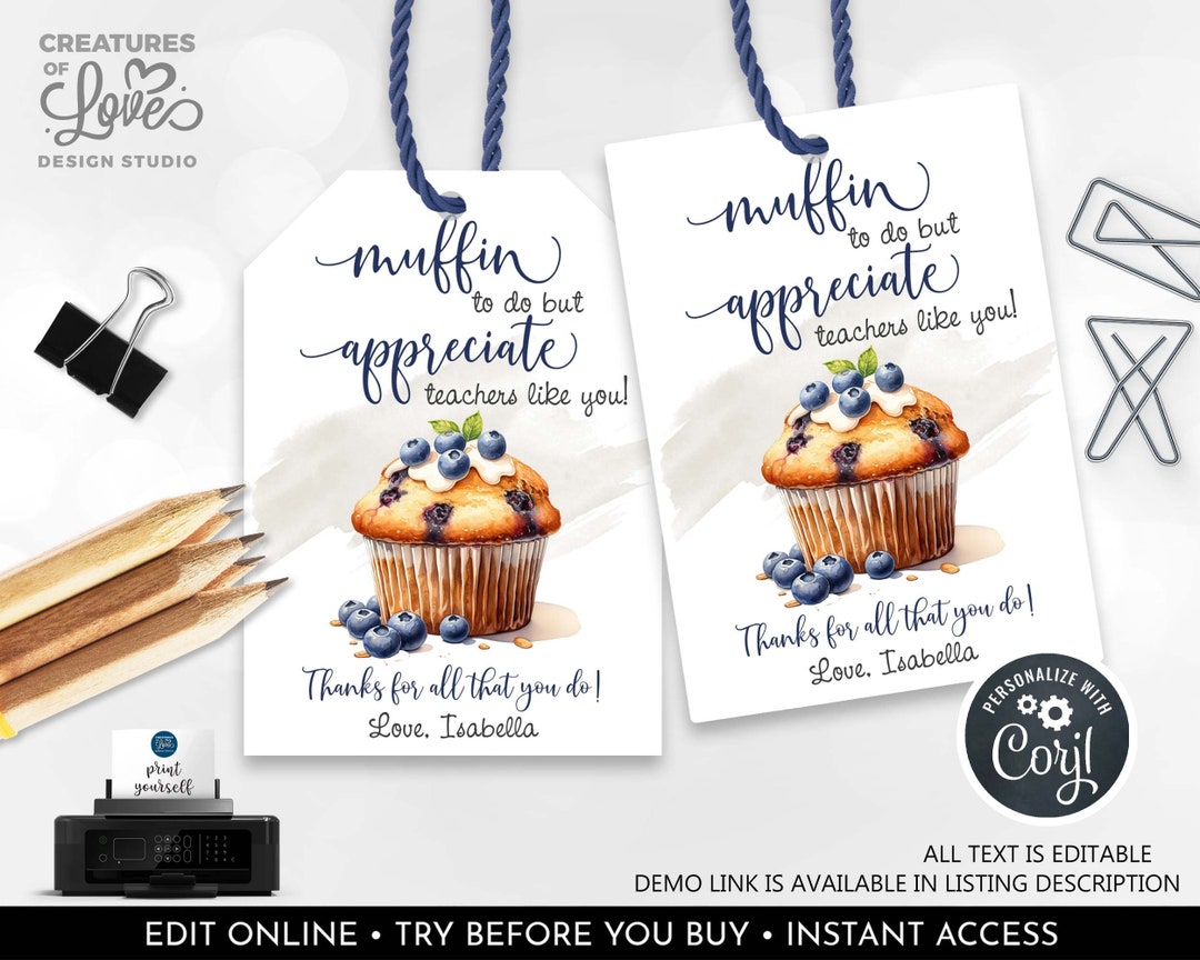 EDITABLE Teacher Appreciation Gift Tag Muffin Gift Tag School Employee ...