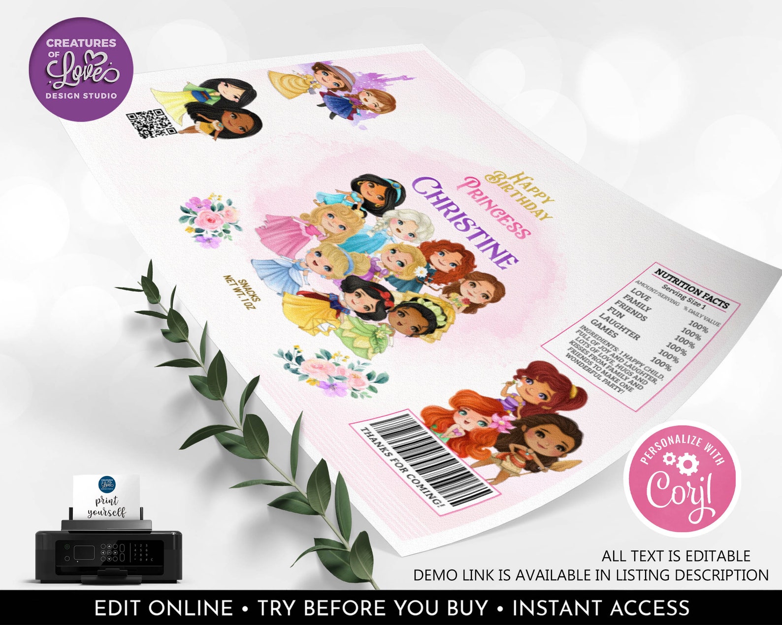 Princess Chip Bag Wrapper Editable Princess Princess Chip Bag Template ...