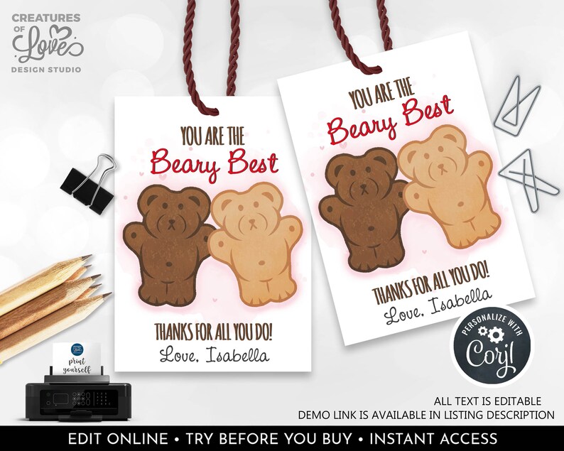 EDITABLE Teacher Appreciation Gift Tag Teddy Bear Grahams Tag Student ...