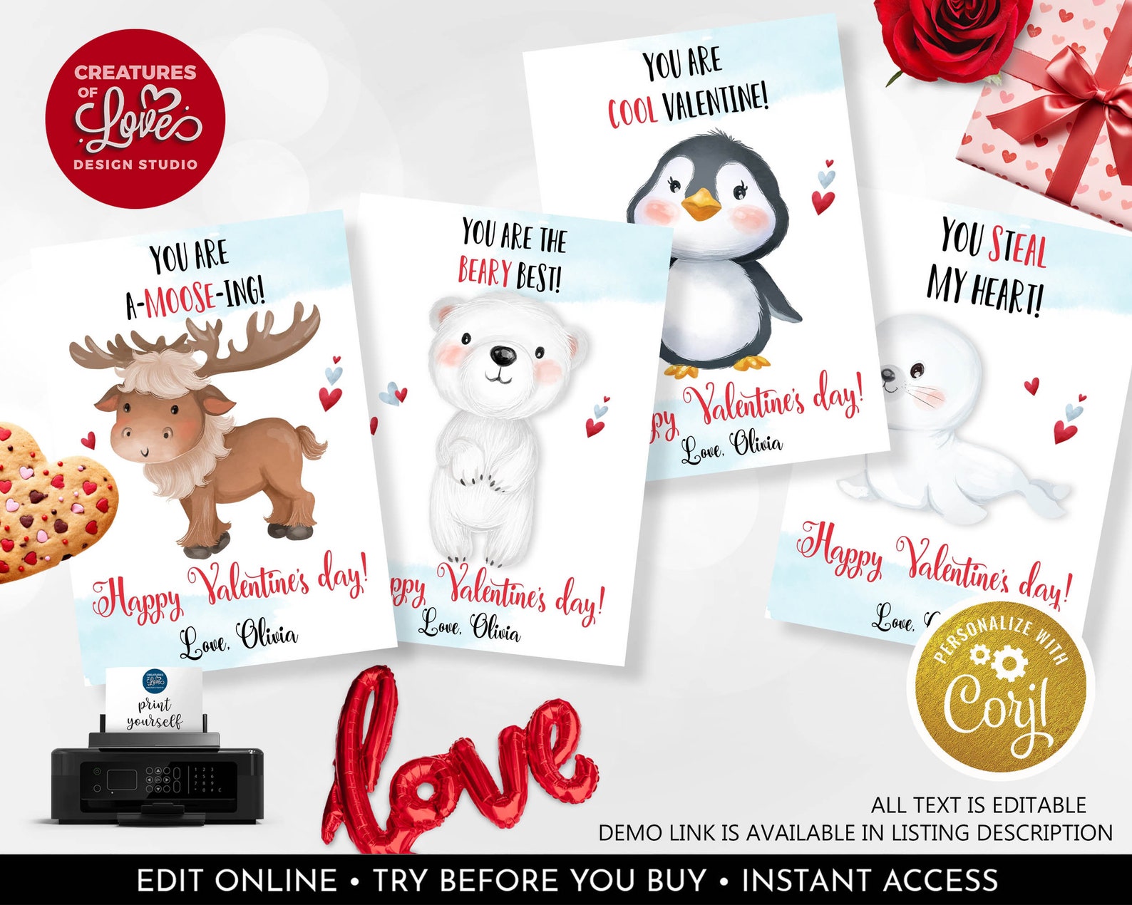 Editable Valentines Day Card Cute Artic Animals Kids Cards Classroom ...