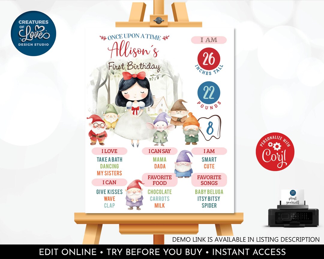 Snow White Milestone Board Princess Snow White First Birthday Sign ...