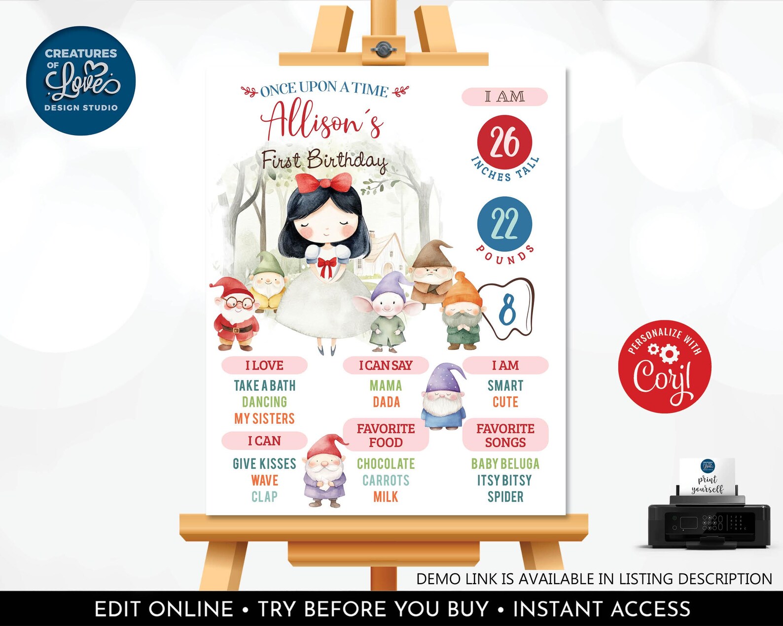 Snow White Milestone Board Princess Snow White First Birthday Sign ...