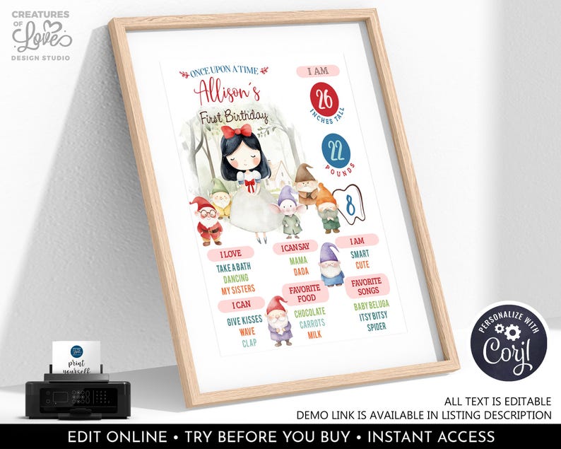 Snow White Milestone Board Princess Snow White First Birthday Sign ...