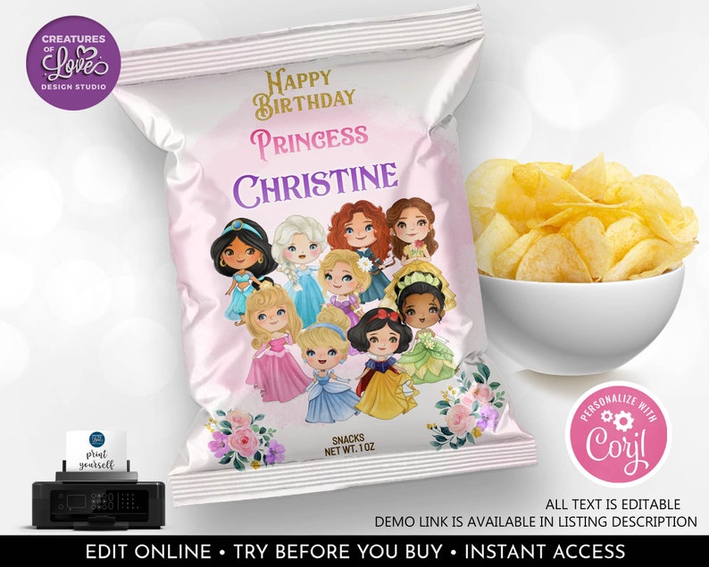 Princess Chip Bag Wrapper Editable Princess Princess Chip Bag Template Princess Birthday Party ...