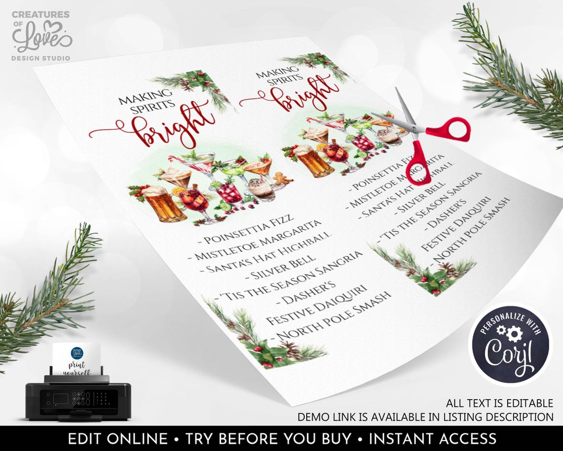 Editable Christmas Cocktail Menu Making Spirits Bright Drinks Menu ...