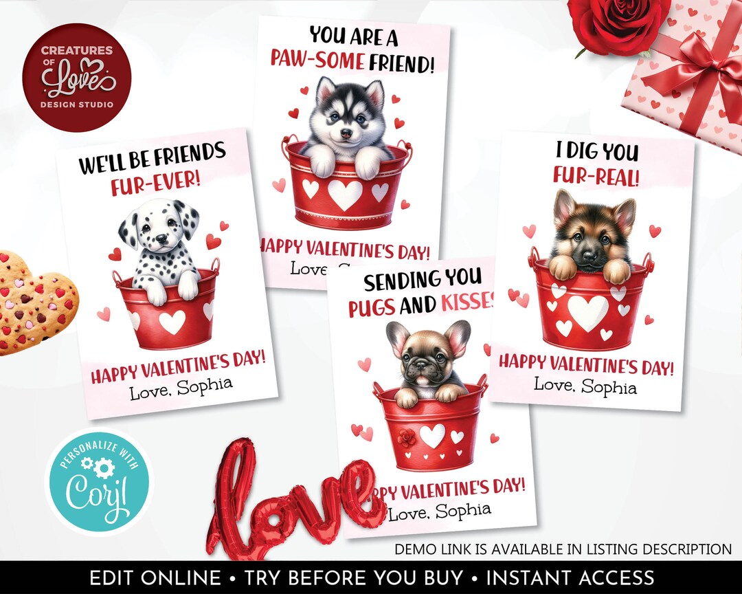 Editable Puppy Valentine's Day Cards Dog Valentines Card School Kids ...