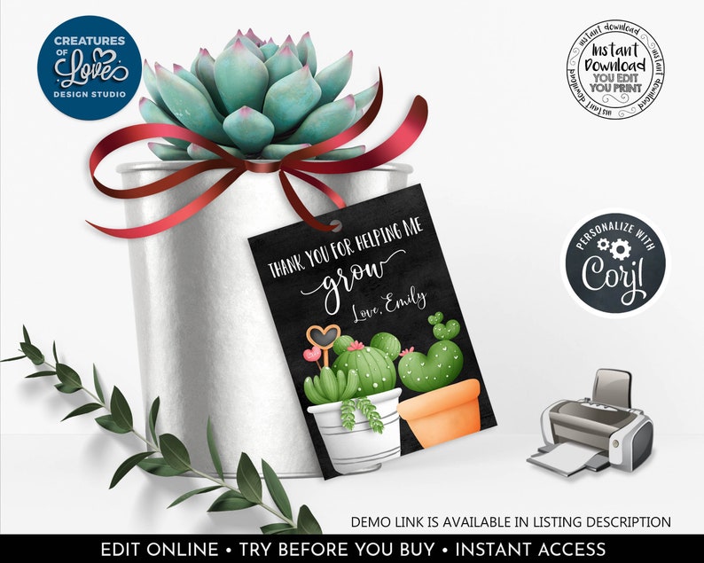 EDITABLE Teacher Appreciation Gift Tag Succulent Tag Thank You for ...