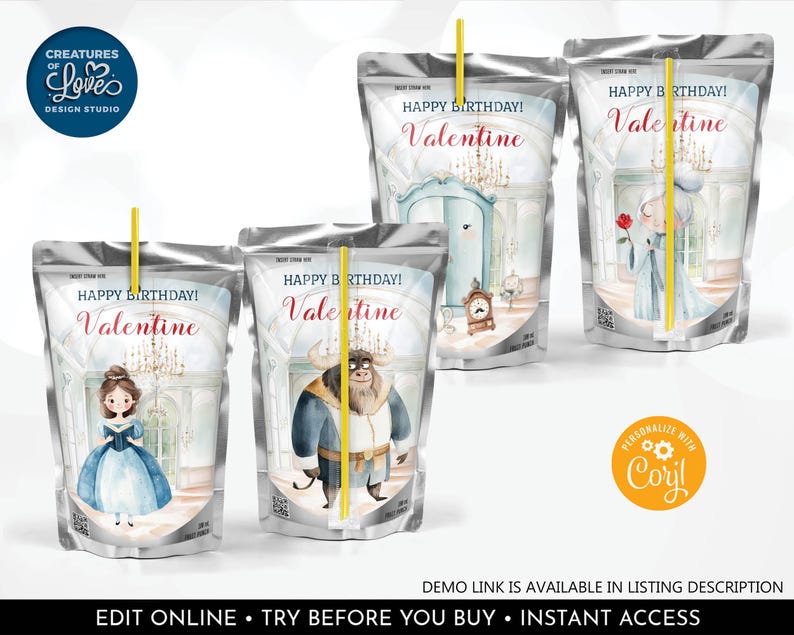 Beauty and the Beast Juice Pouch Label Editable Royal Princess Birthday ...