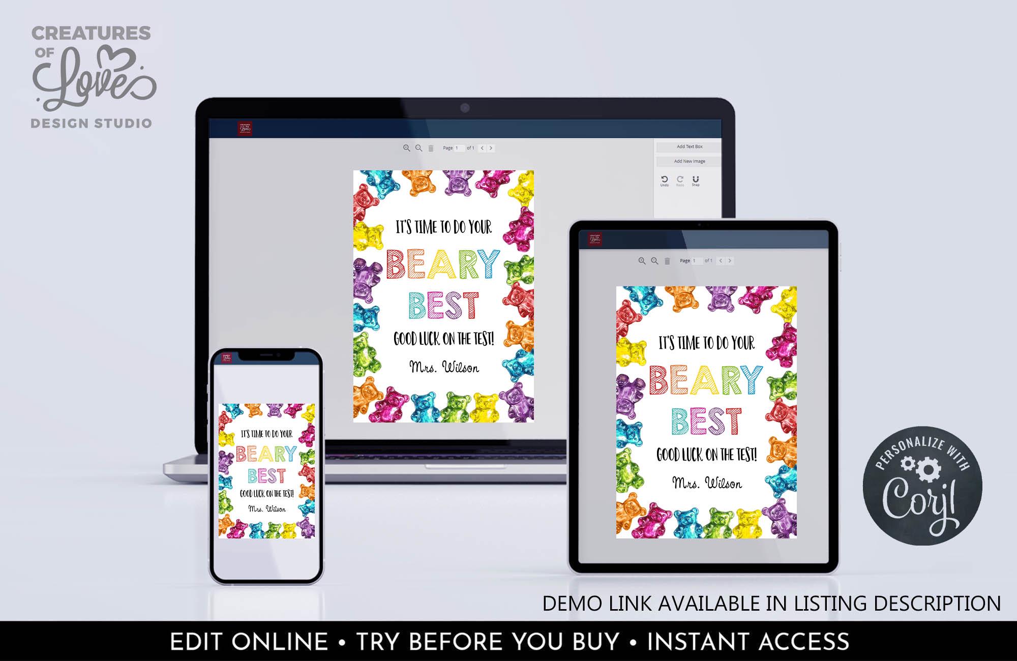 Editable Good Luck Test Day Tag Gummy Bears Treat Tag Teacher School ...