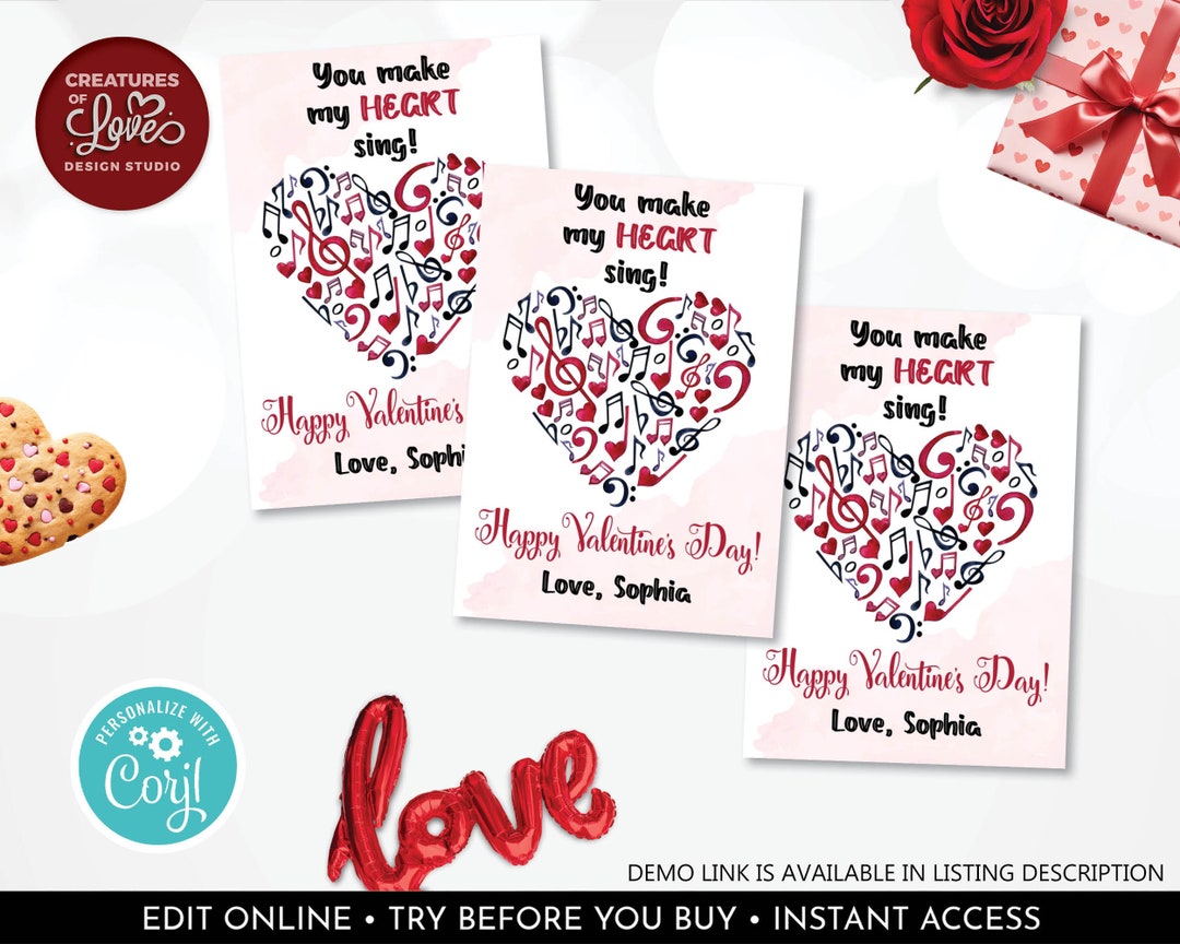 Editable Music Valentine's Day Cards Music Valentine's Gift Tag ...