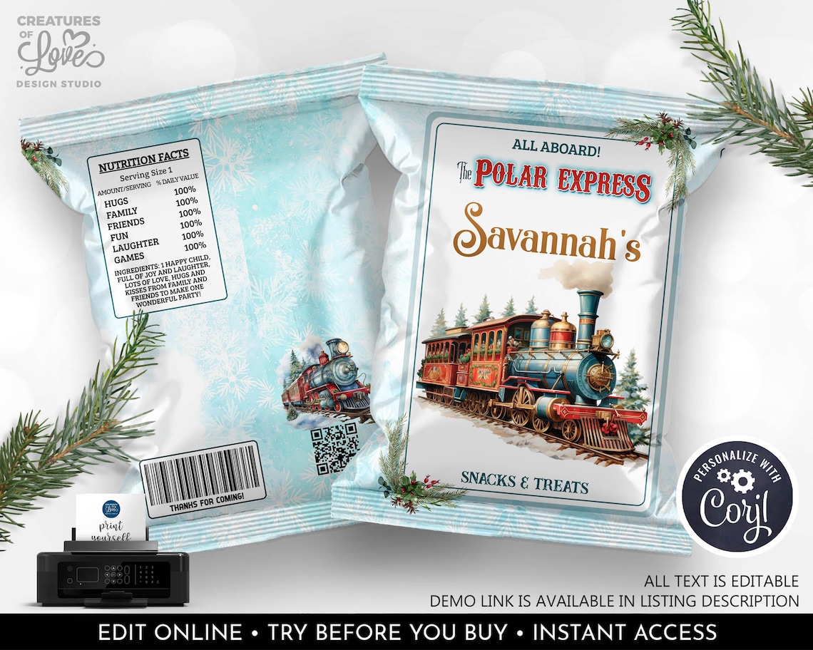 Polar Express Chip Bag Wrapper Editable North Pole Train Chip Bag ...