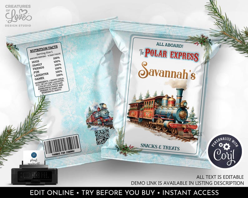 Polar Express Chip Bag Wrapper Editable North Pole Train Chip Bag ...