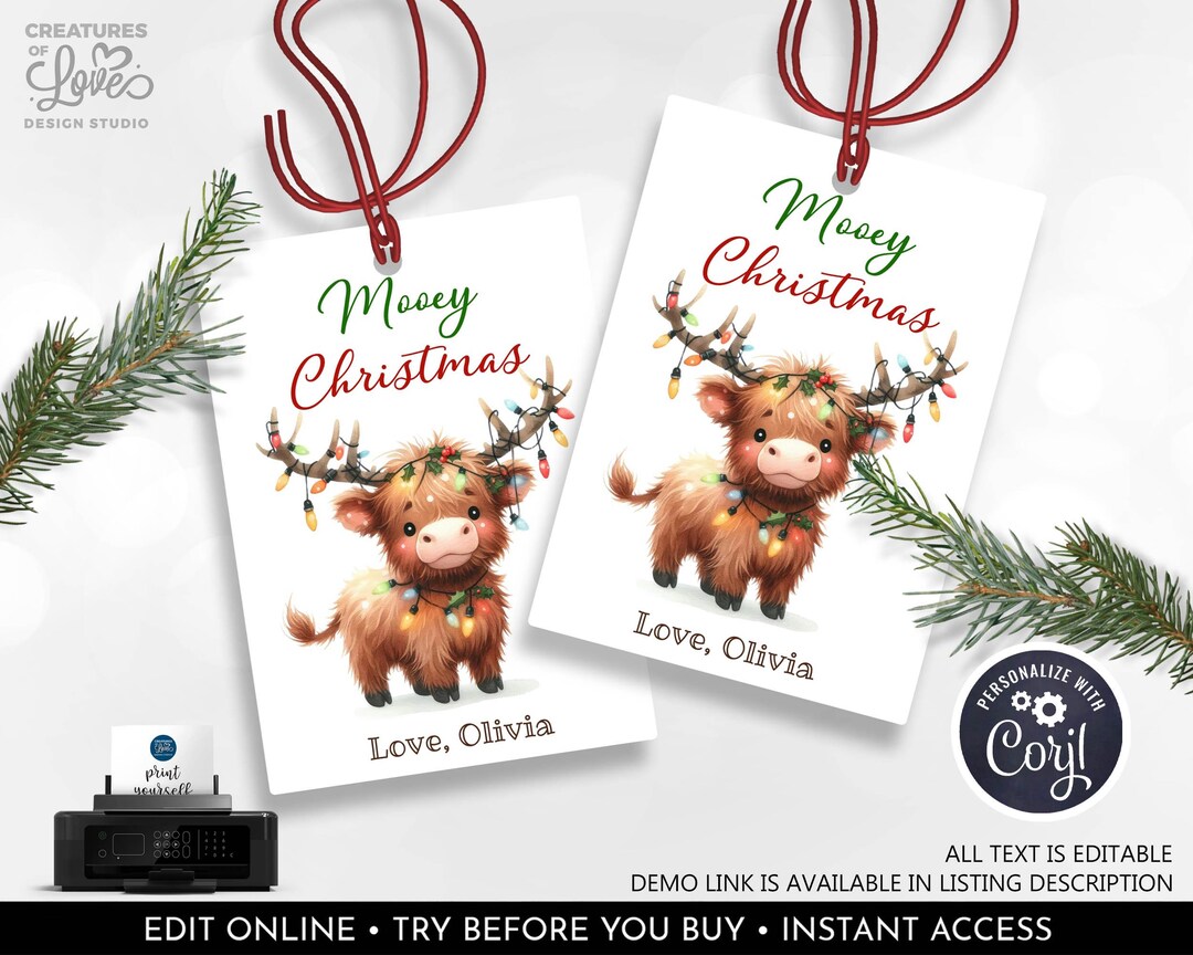 Editable Mooey Christmas Tag Highland Cow Christmas Gift Tag Holiday ...