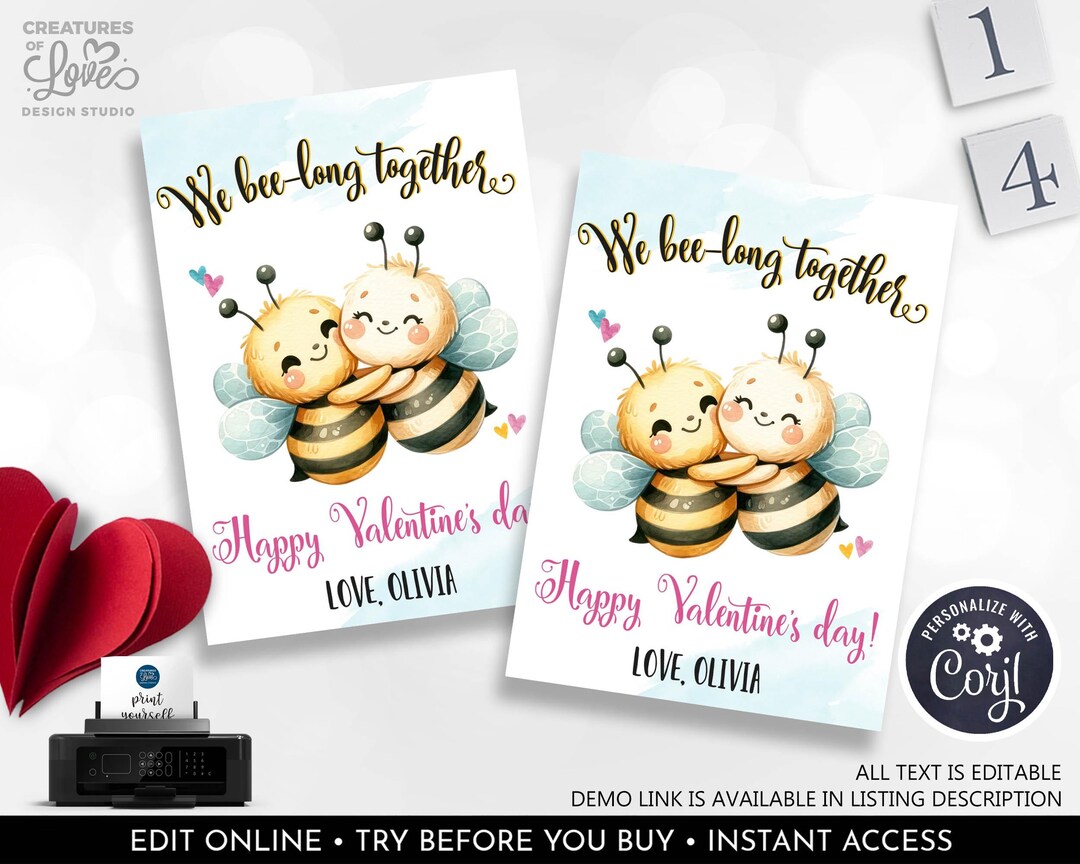 Editable Bee Valentine's Day Cards Valentine's Tags Teacher Kids ...