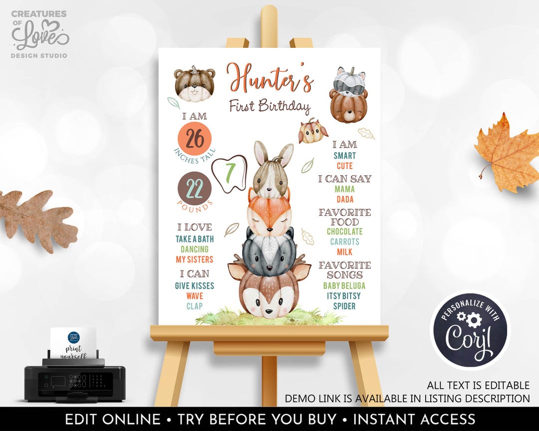 EDITABLE Little Pumpkin First Birthday Milestone Board Fall Woodland ...
