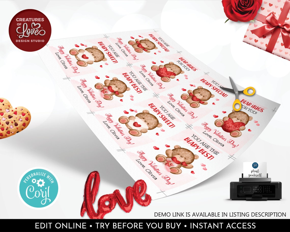 Editable Valentine's Day Cards Teddy Bear Valentines Card School Kids ...
