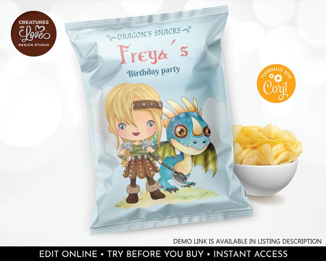 Dragon Chip Bag Wrapper Editable Viking Girl Birthday Party Favor ...