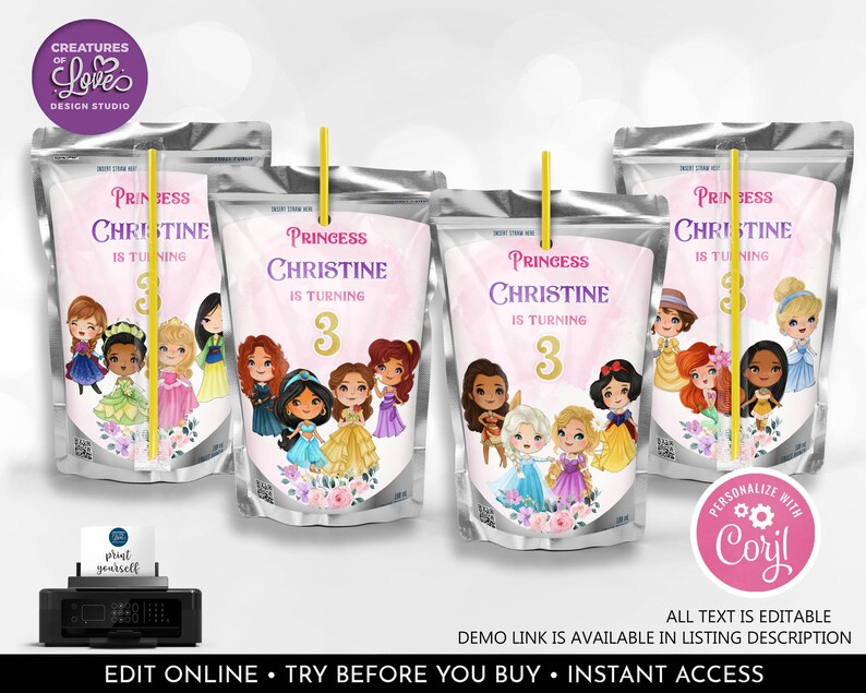 Editable Princess Juice Pouch Label Princess Birthday Party Favors ...