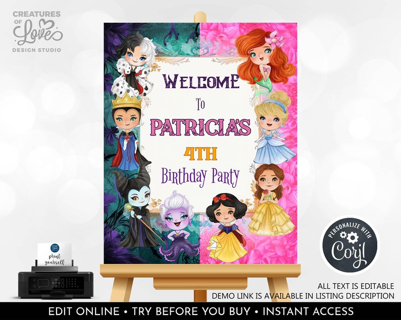 Princess Vs Villains Welcome Sign Editable Princess Witches Birthday ...