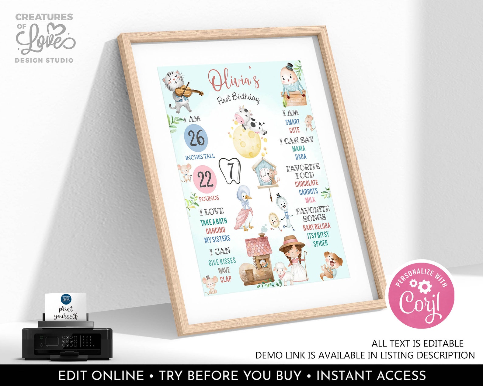 Nursery Rhyme Milestone Board Mother Goose Book Characters Poster First ...