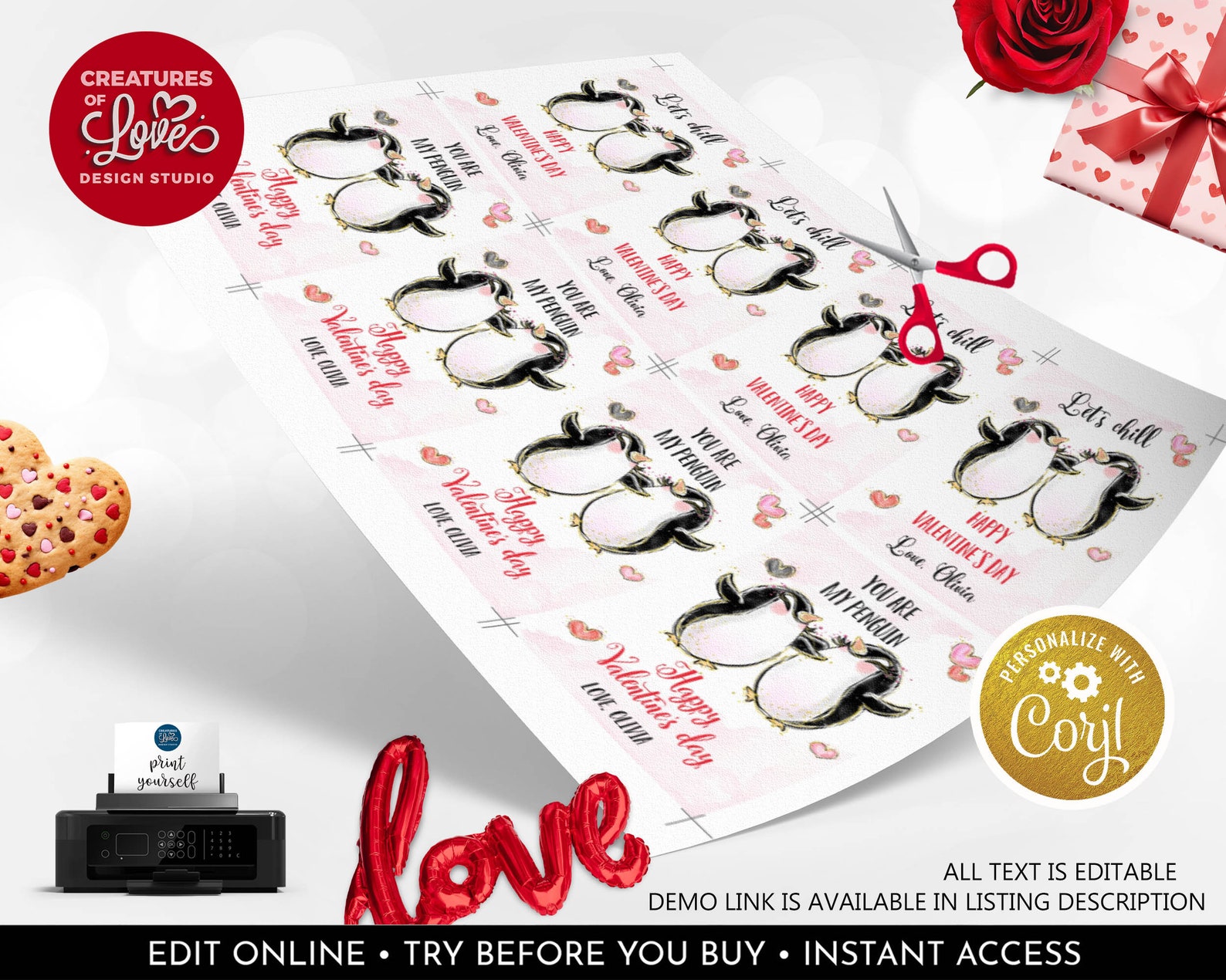 Editable Penguins Valentines Day Card Cute Penguin Kids Cards Classroom ...