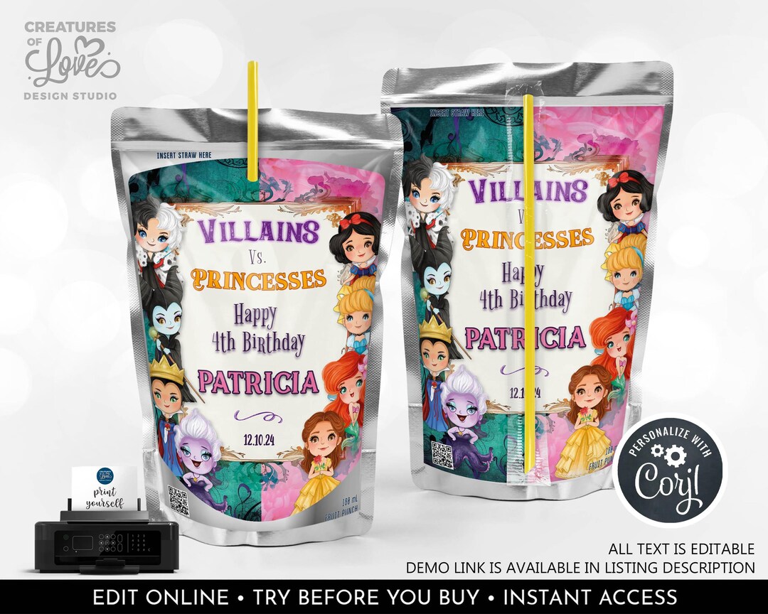 Editable Princess Villains Juice Pouch Label Evil Characters Birthday ...