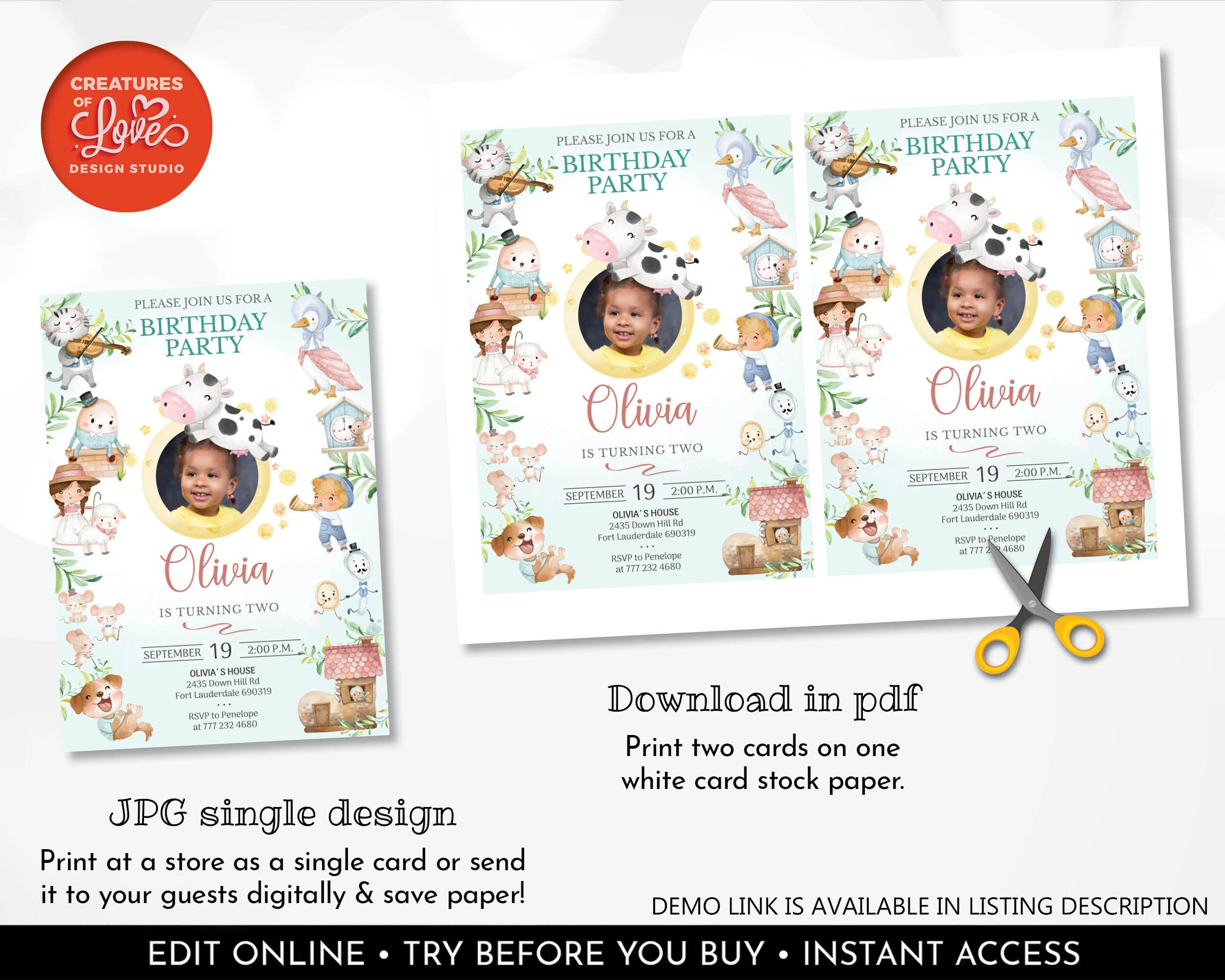 Nursery Rhymes Invitation Editable Mother Goose Nursery Rhymes Birthday ...