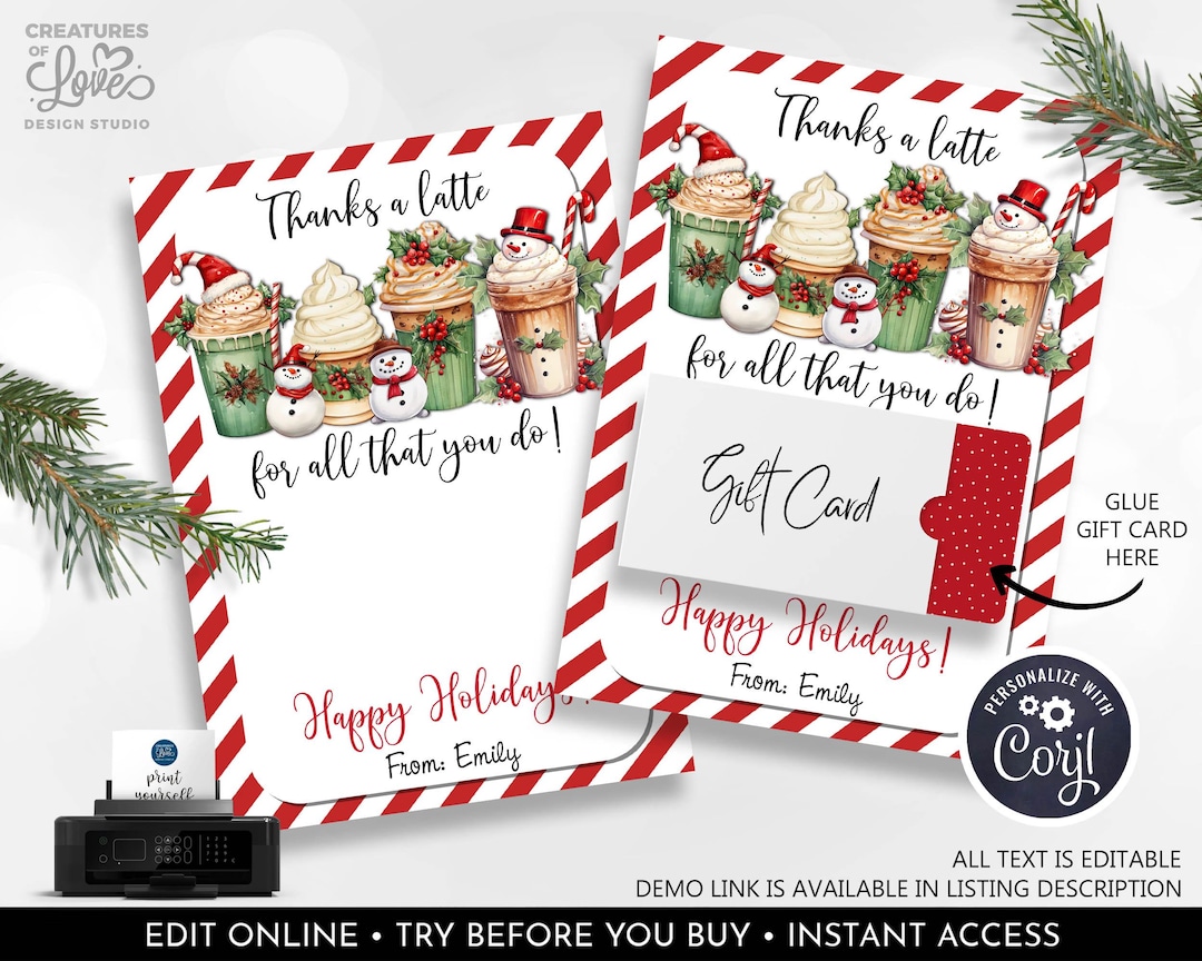 Editable Thanks a Latte for All You Do Christmas Coffee Gift Card ...