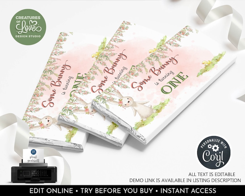 Editable Bunny Chocolate Wrapper Some Bunny Birthday Party Favors Pink ...