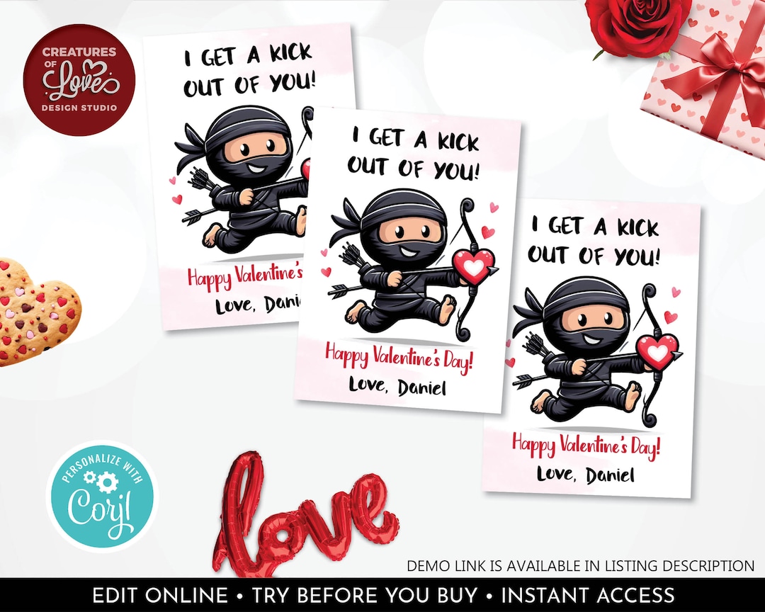 Editable Ninja Valentine's Day Cards Valentine's Day Ninja Gift Tags ...