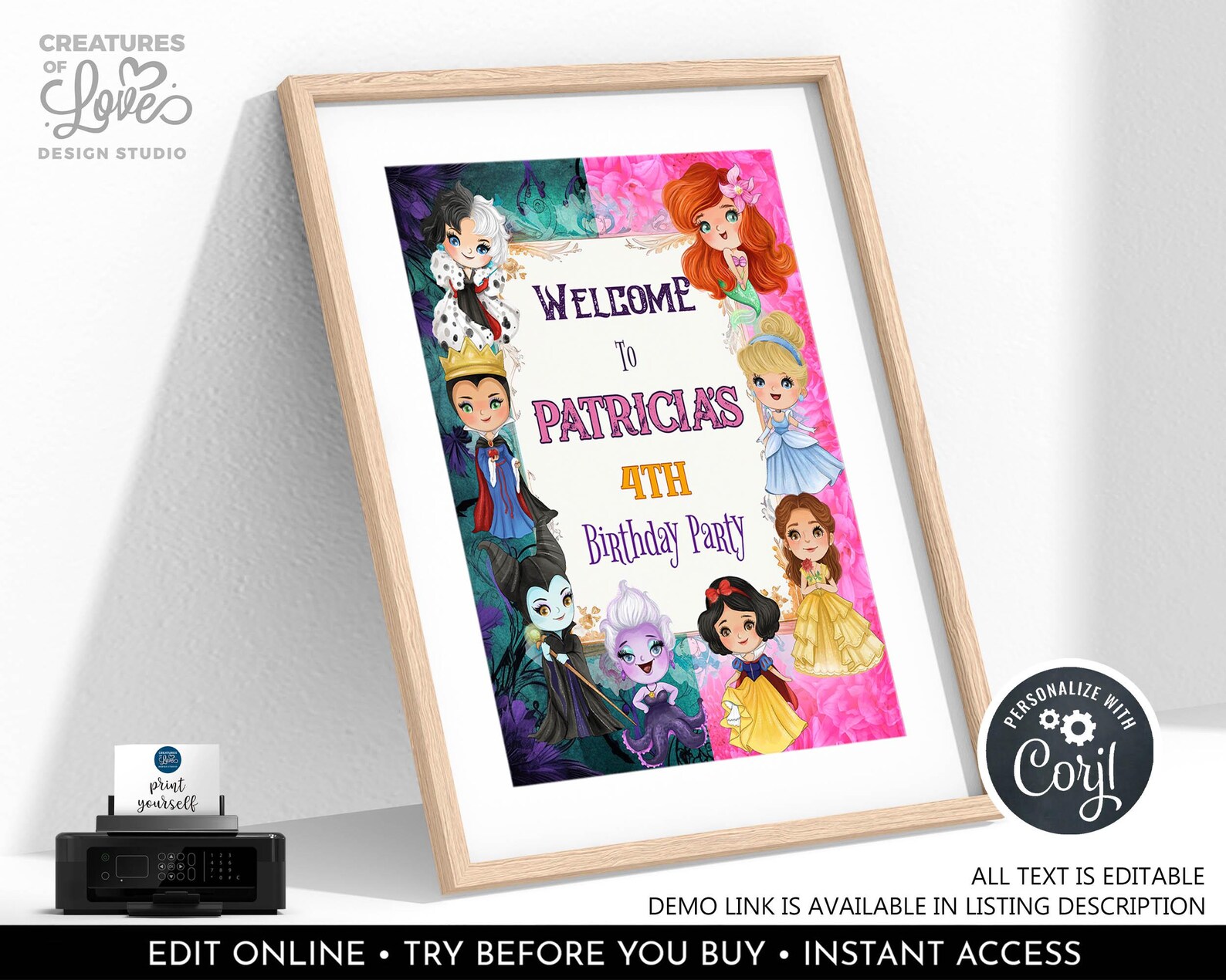 Princess Vs Villains Welcome Sign Editable Princess Witches Birthday ...