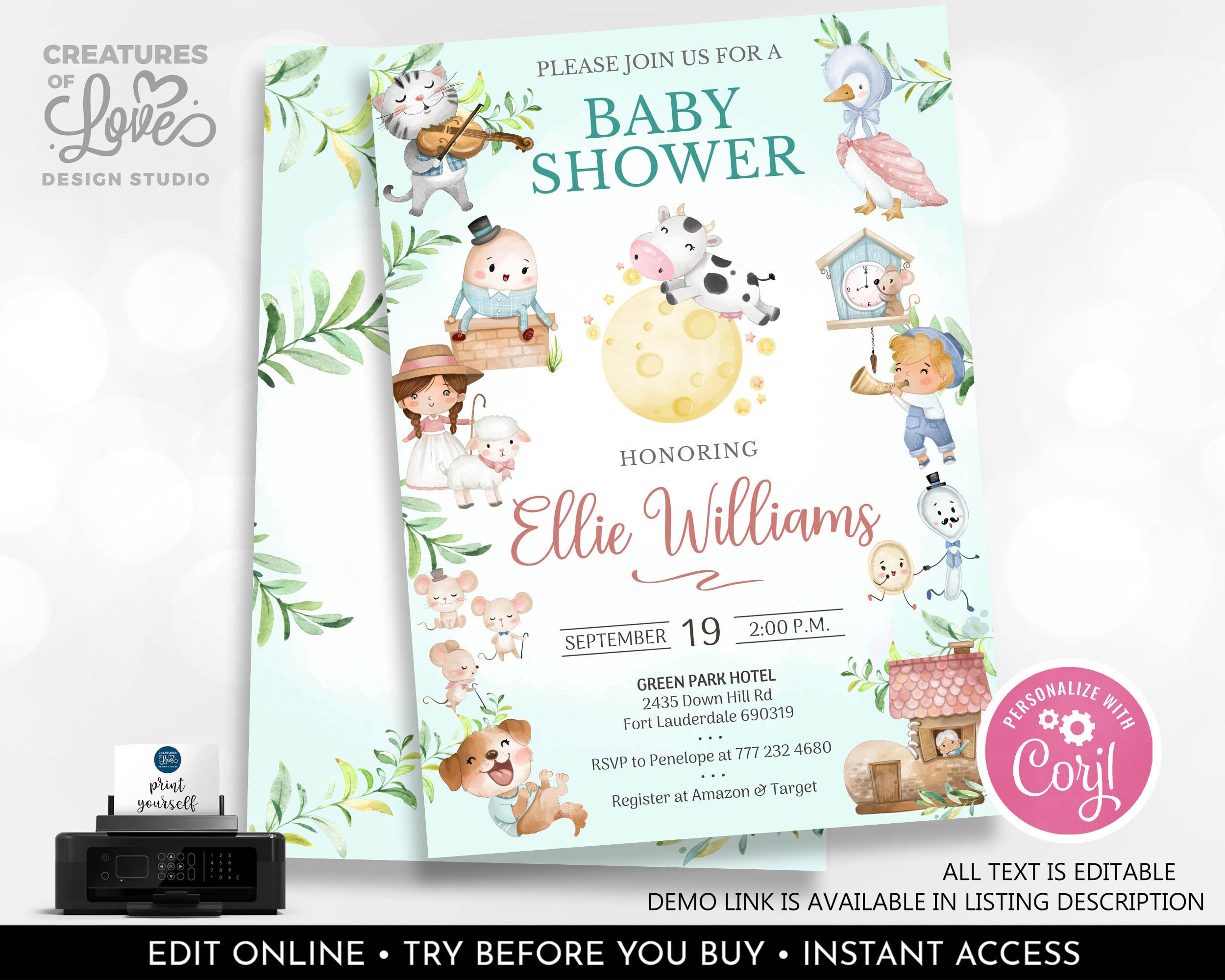 Nursery Rhymes Baby Shower Invitation Editable Mother Goose Nursery ...