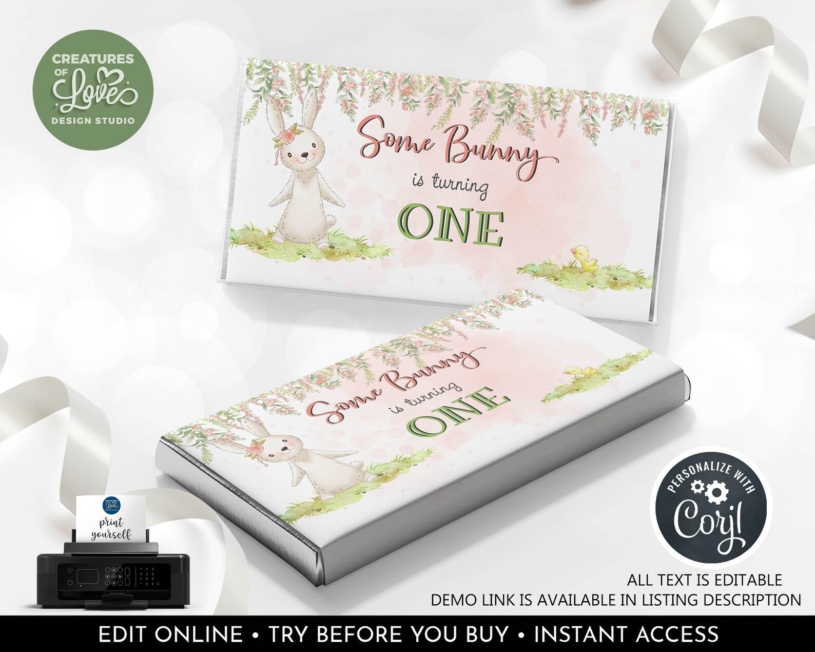 Editable Bunny Chocolate Wrapper Some Bunny Birthday Party Favors Pink ...