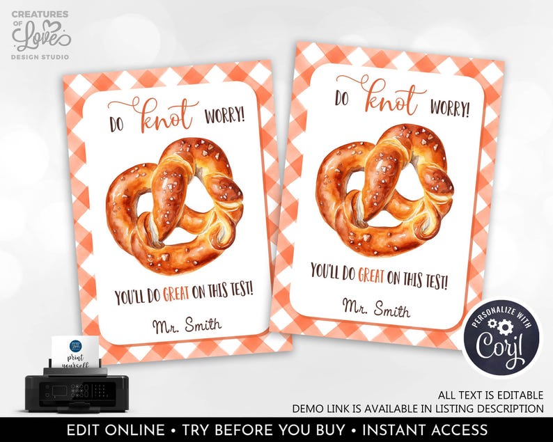Editable Testing Day Snack Tag Classroom Student Treat Tag Pretzel Good ...