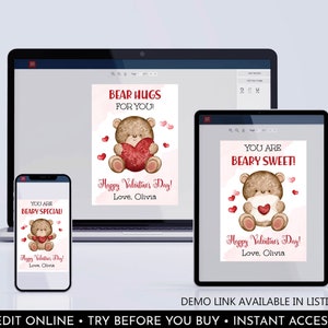 Editable Valentine's Day Cards Teddy Bear Valentines Card School Kids ...