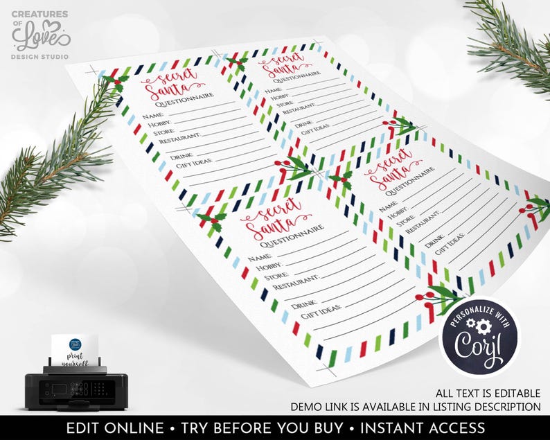 Editable Secret Santa Gift Exchange Cards Secret Santa Wish List ...