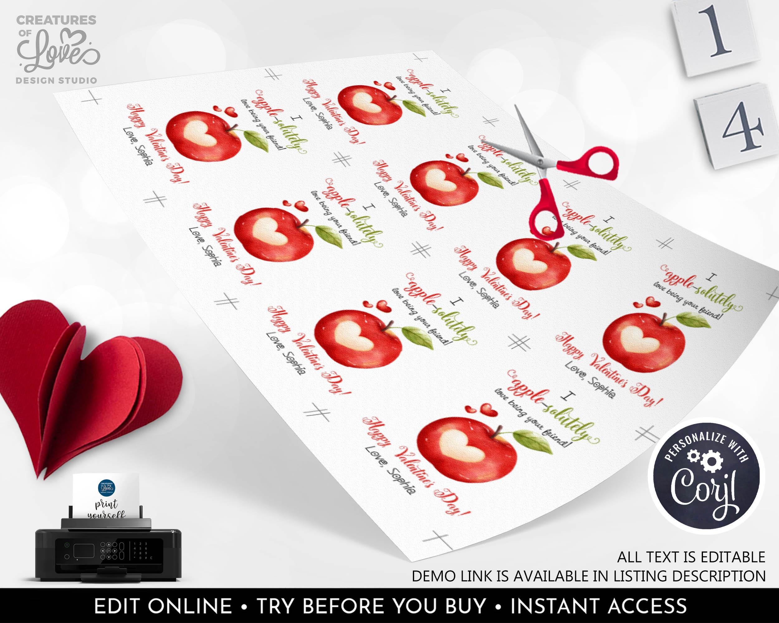 Editable Apple Valentine's Day Card Valentines Applesauce Gift Tag ...